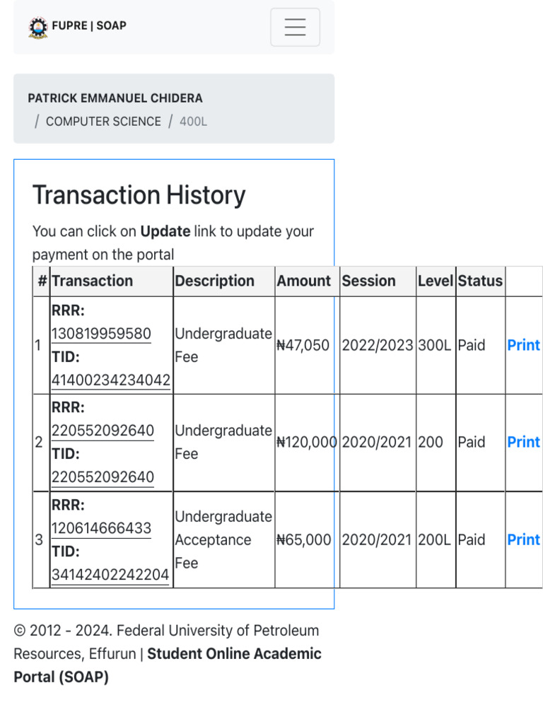 FUPRE Student Profile - COS75742020 | PDF