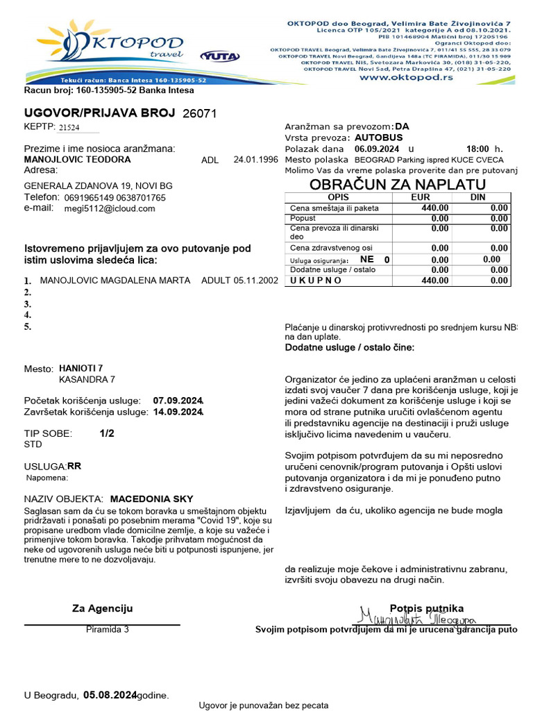 Obračun Za Naplatu: Ugovor/Prijava Broj | PDF