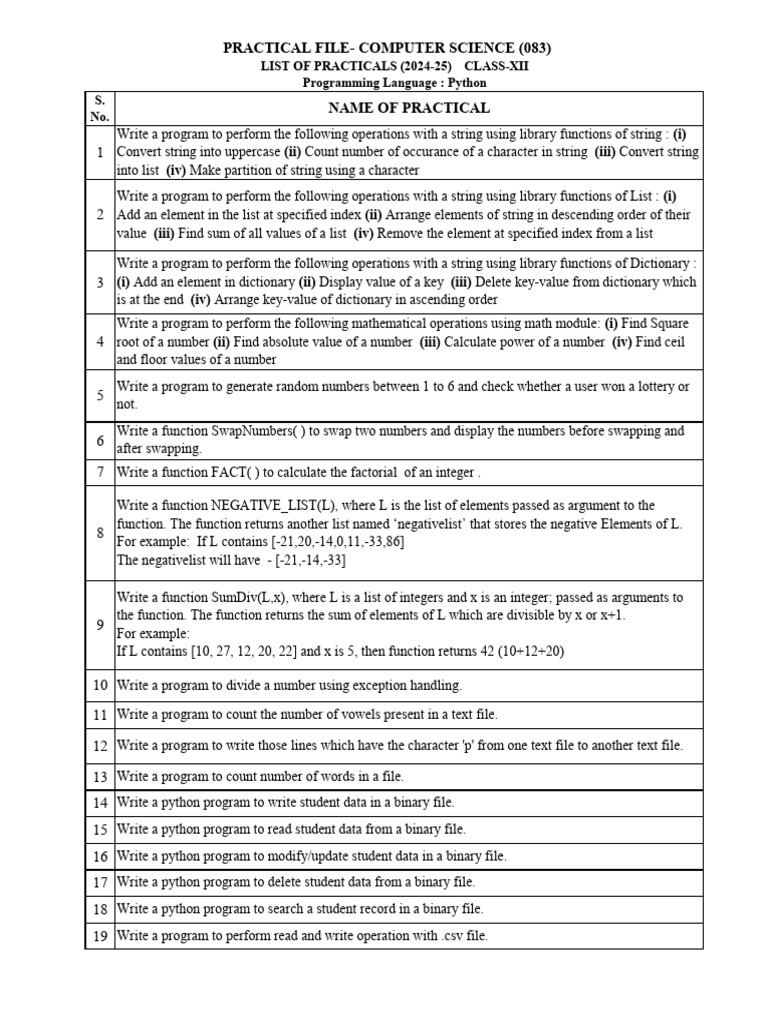 List of Practicals Class Xii 2024 25 | PDF | Databases | Computer Program