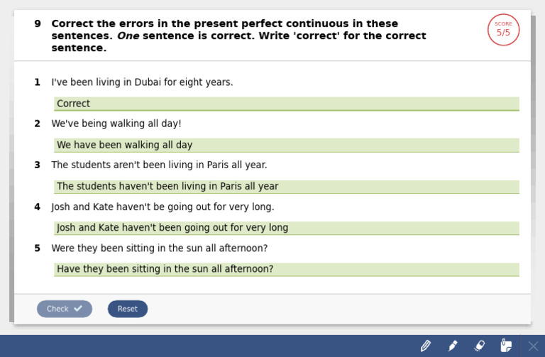 Present Perfect Continuous Error Correction Guide | PDF | Cooking, Food & Wine