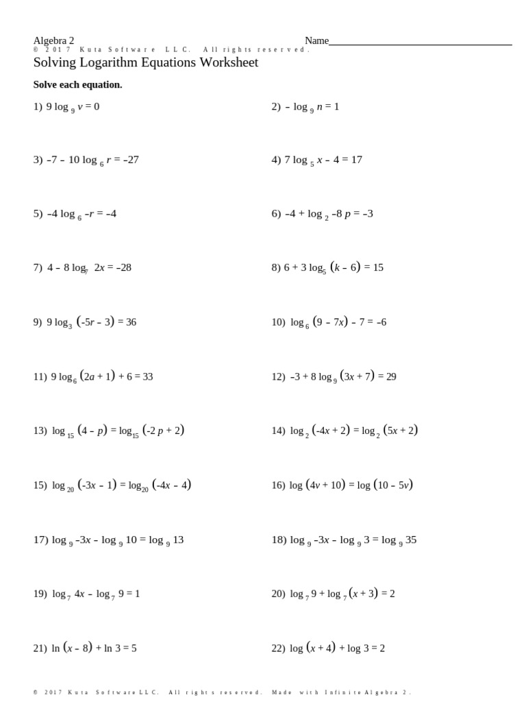 Solving Logarithm Equations Worksheet | PDF | Logarithm | Mathematical ...