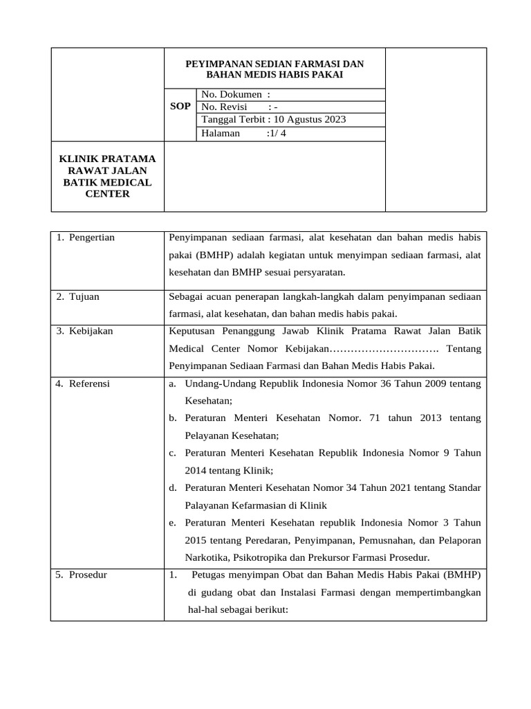 SOP PENYIMPANAN SEDIAN FARMASI DAN BAHAN MEDIS HABIS PAKAI scribd | PDF