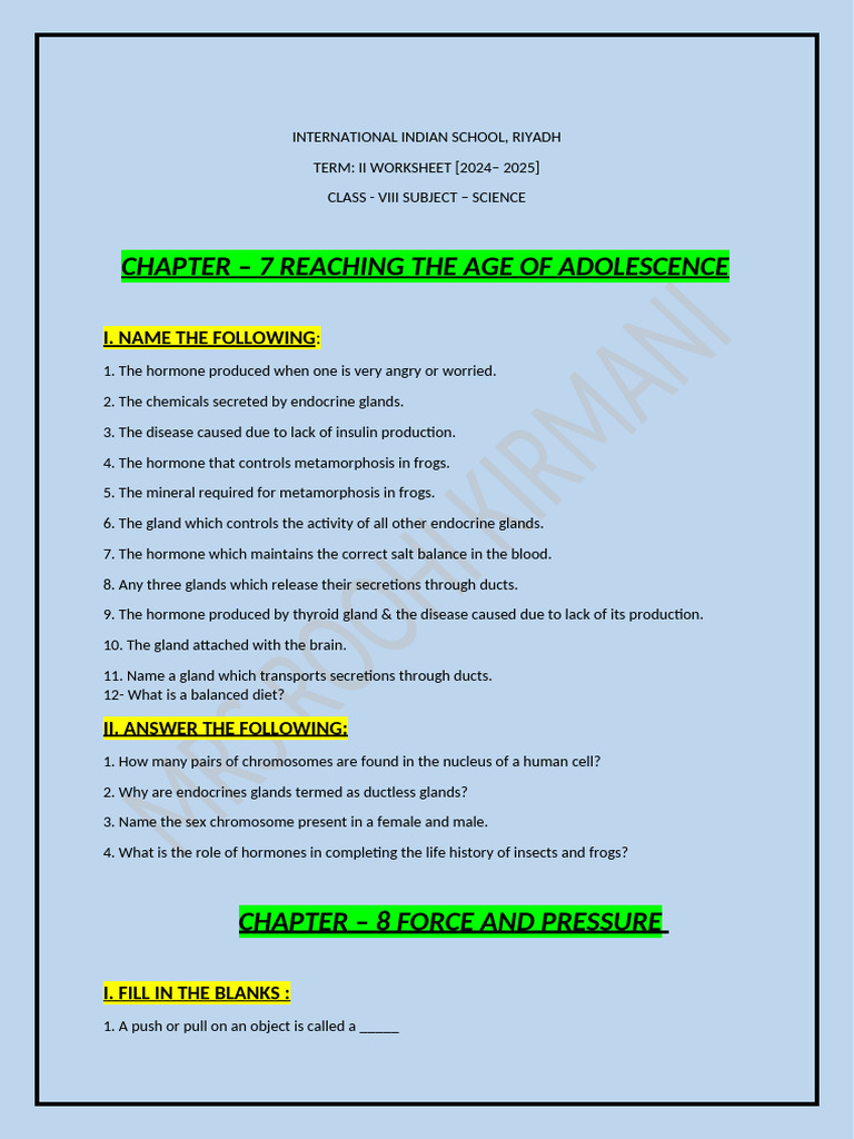 Class 8 Science Worksheet: Hormones & Forces | PDF | Microorganism | Force