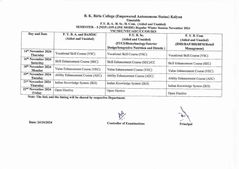 Ug Fy Sem-I (Nep) (VSC, Sec, Oe, Aec, Vec, CC, Iks) Examination Time Table Winter Session 2024 | PDF