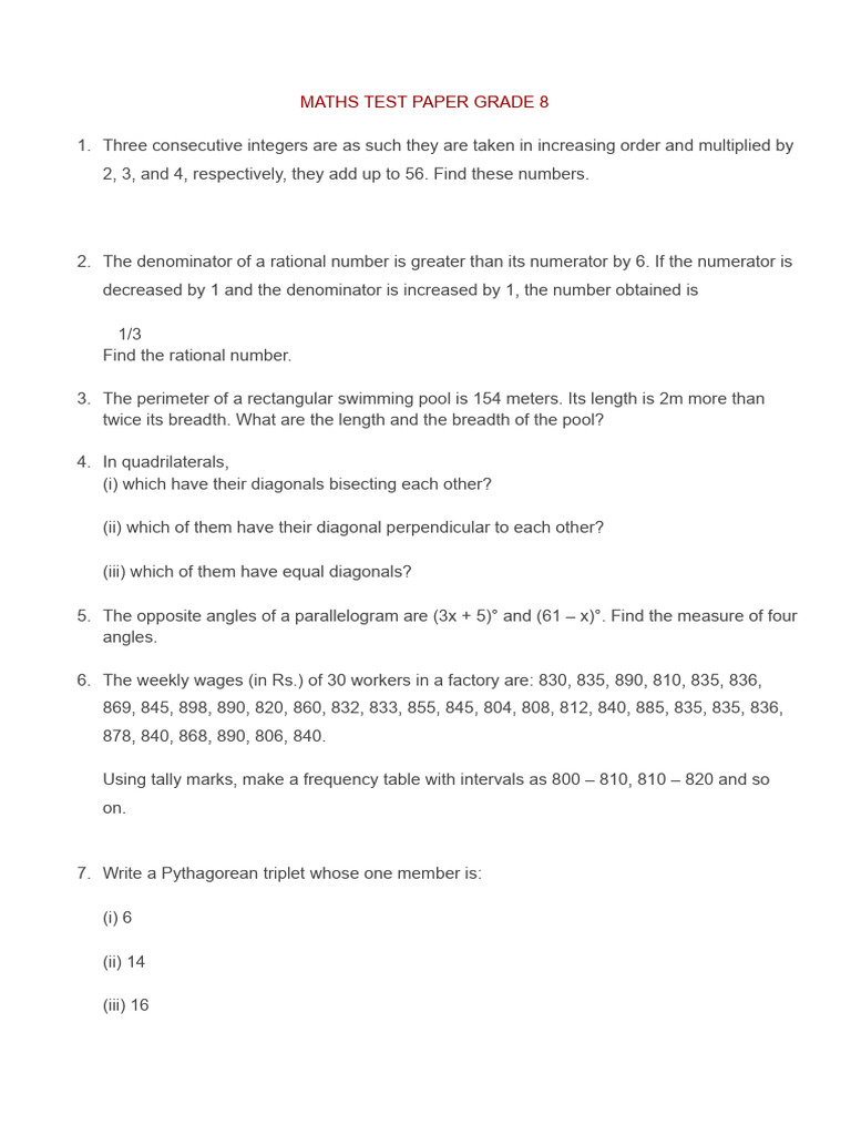GRADE 8 Sample Question Paper | PDF
