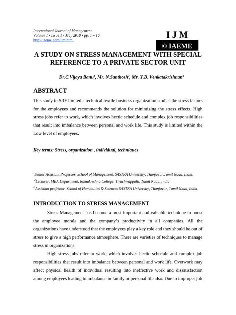 Stress Management Study in SRF Limited | PDF | Stress (Biology ...