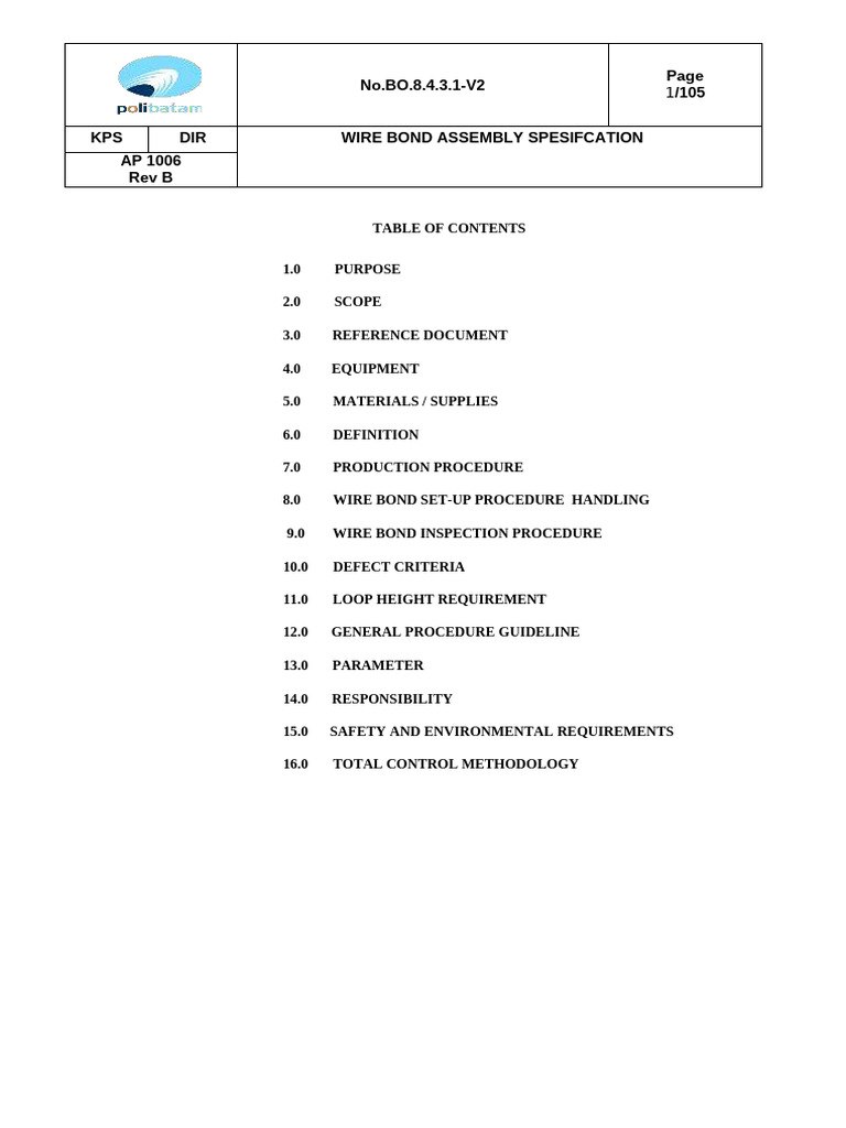 ASSEMBLY SPECIFICATION WIRE BOND - AP1006 | PDF | Manufactured Goods