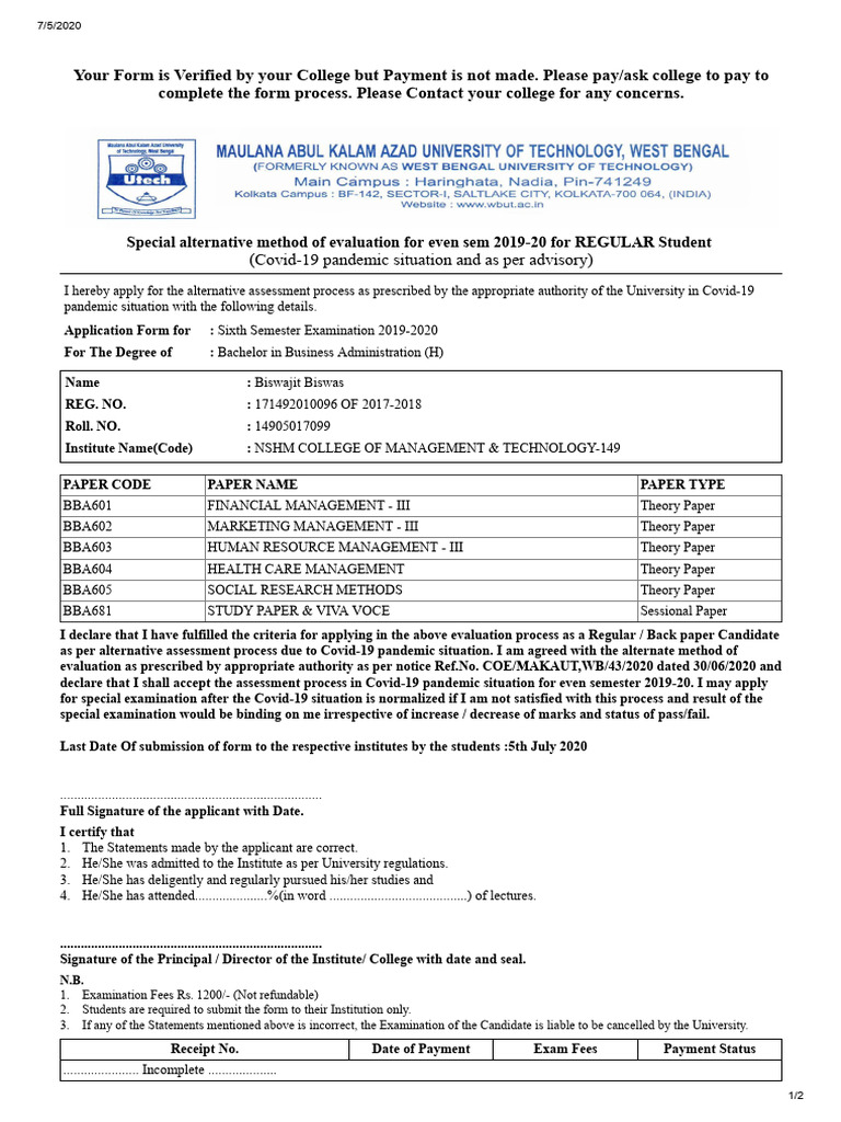 EXAM FORM 6SEM | PDF | Thesis