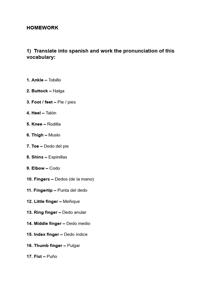 5th. Homework Parts of The Body | PDF | Abdomen | Finger