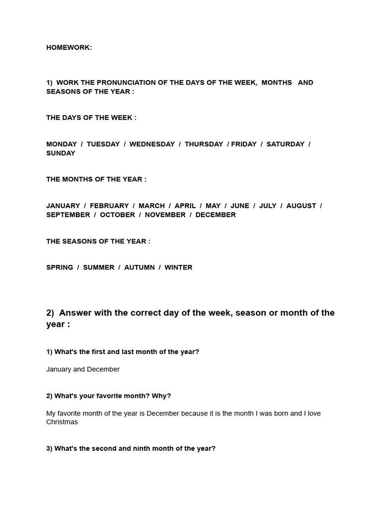 Days, Months, and Seasons Homework | PDF | Travel | Foreign Language ...