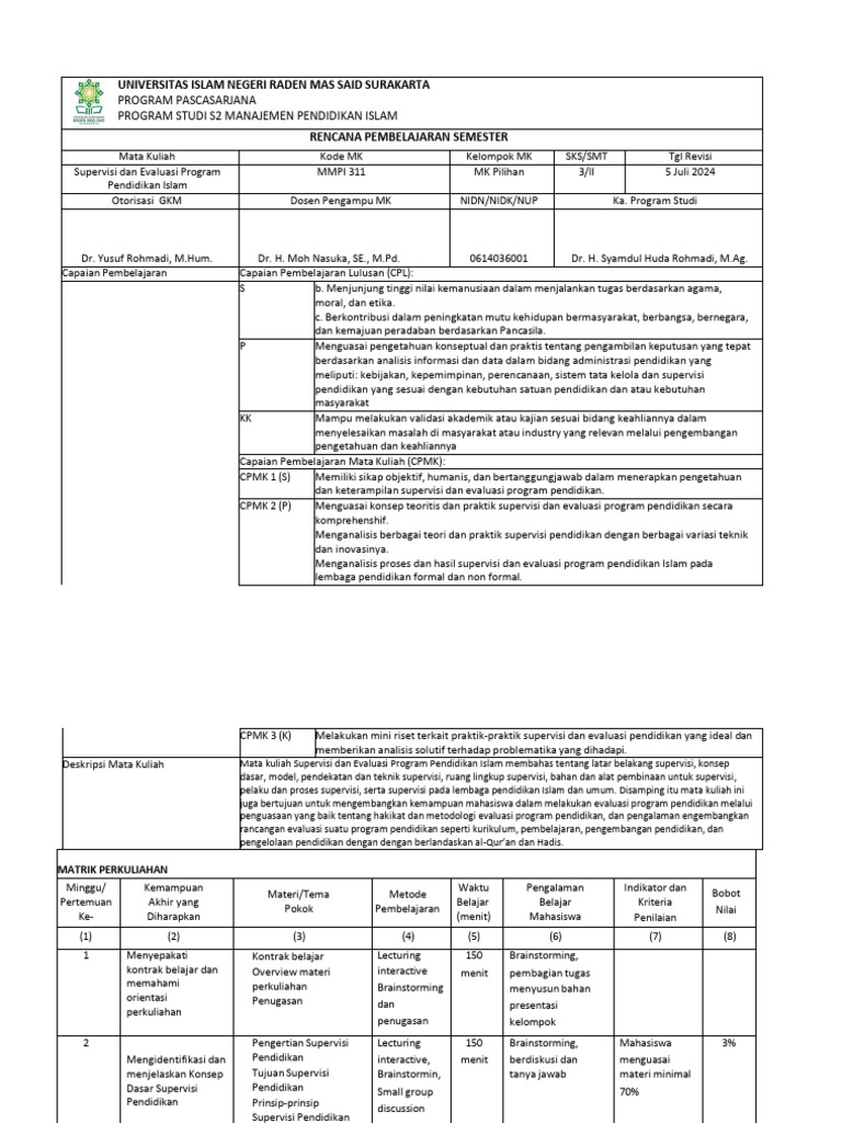 RPS 2022 MK Supervisi Dan Evaluasi Program Pendidikan - S2 MPI - Moh Nasuka | PDF
