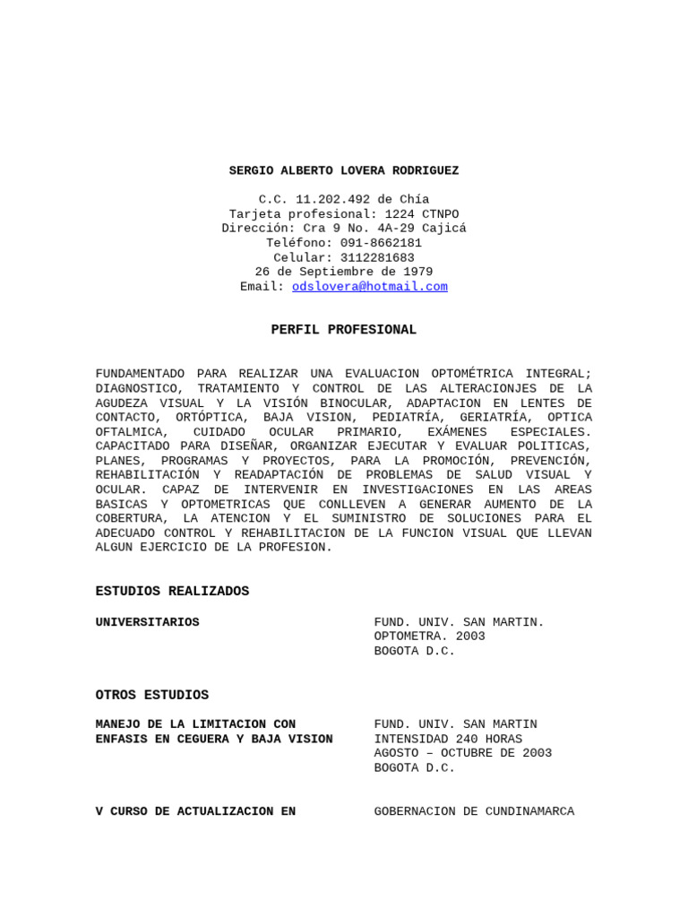 HOJA_DE_VIDA_SERGIO | PDF | Optometría | Bogotá