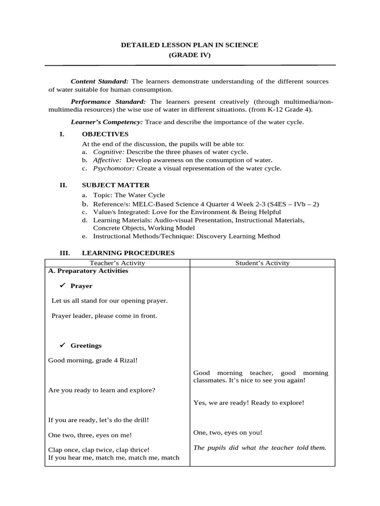 Grade 4 Water Cycle Lesson Plan | PDF | Water | Water Cycle