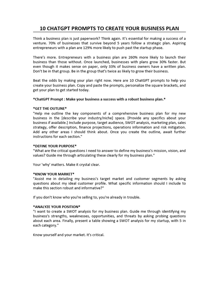 10 ChatGPT Prompts for Business Plans | PDF | Marketing | Swot Analysis