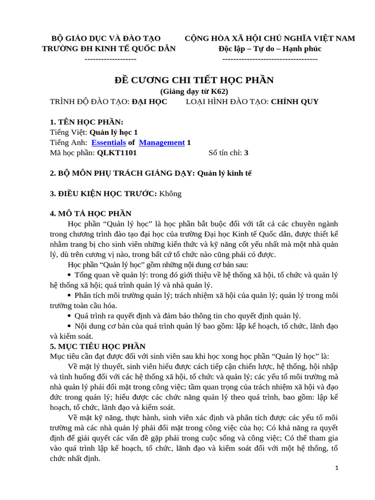 De Cuong Quan Ly Hoc - K62 | PDF