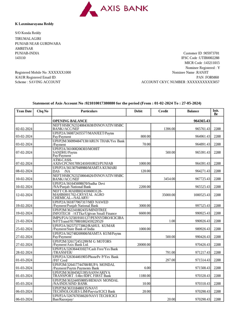Axis Bank Account Statement 2024 | PDF | Debit Card | Banks
