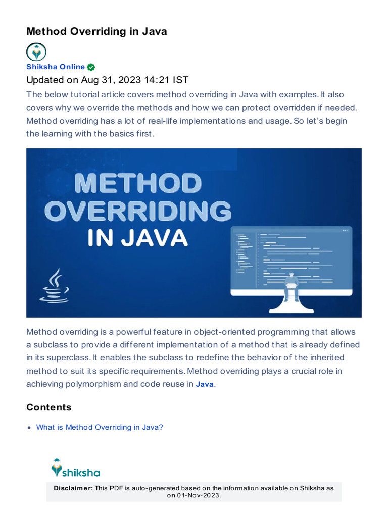 Method Overriding in Java: Updated On Aug 31, 2023 14:21 IST | PDF | Method (Computer ...