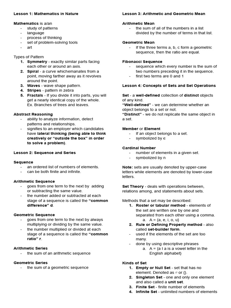 MMW - Reviewer (Original) | PDF | Set (Mathematics) | Pattern