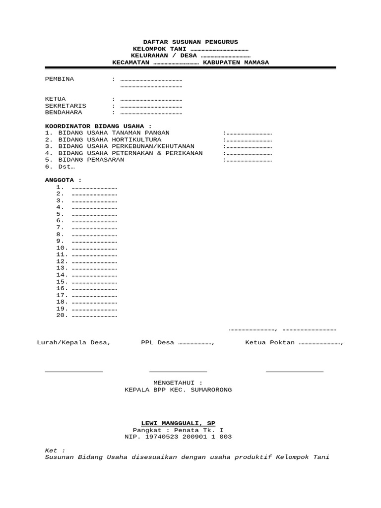 Dokumen Pembentukan Kelompok Tani (Daftar Susunan Pengurus) Blanko | PDF