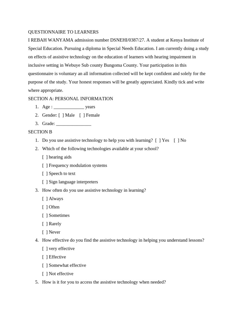 Questionnaire To Learners | PDF | Special Education | Inclusion (Education)