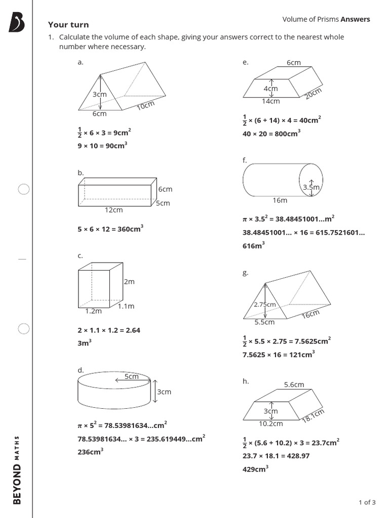 Volume of Prisms (Answers) | PDF | Geometric Shapes | Geometric Measurement