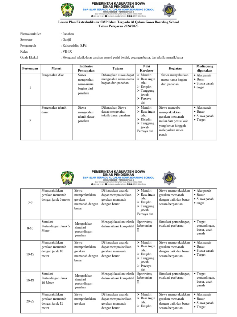 Lesson Plan Ekstrakulikuler Panahan SMP 24-25 | PDF
