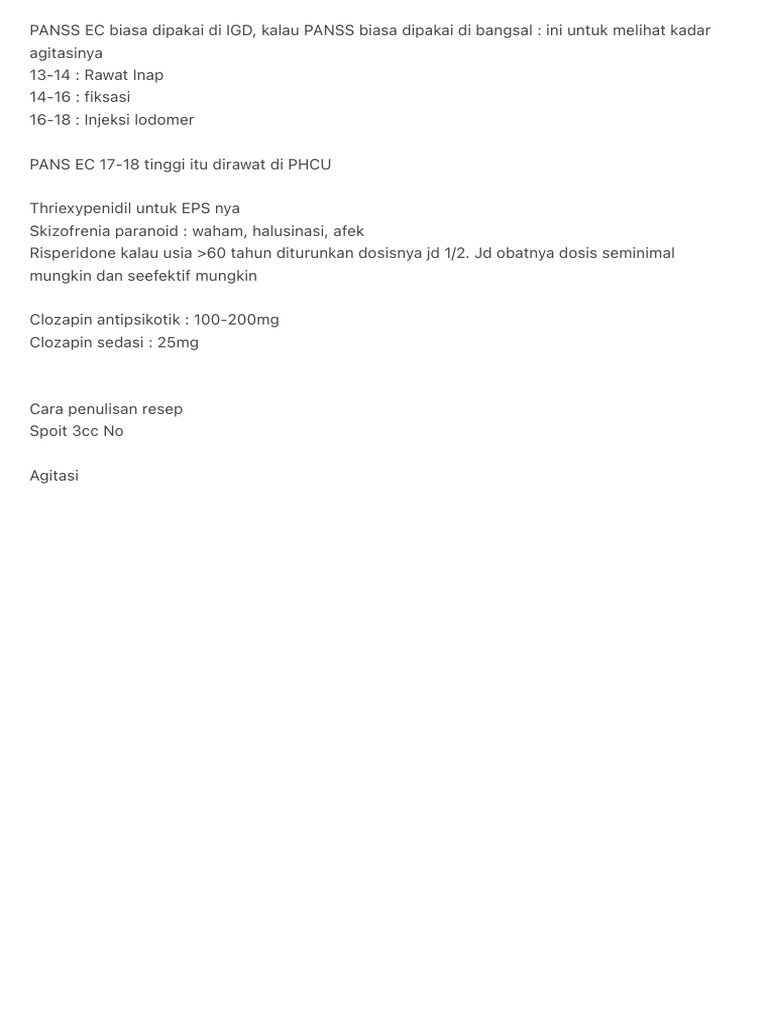 PANSS EC Biasa Dipakai Di IGD, Kalau PANSS Biasa Dipakai Di Bangsal | PDF