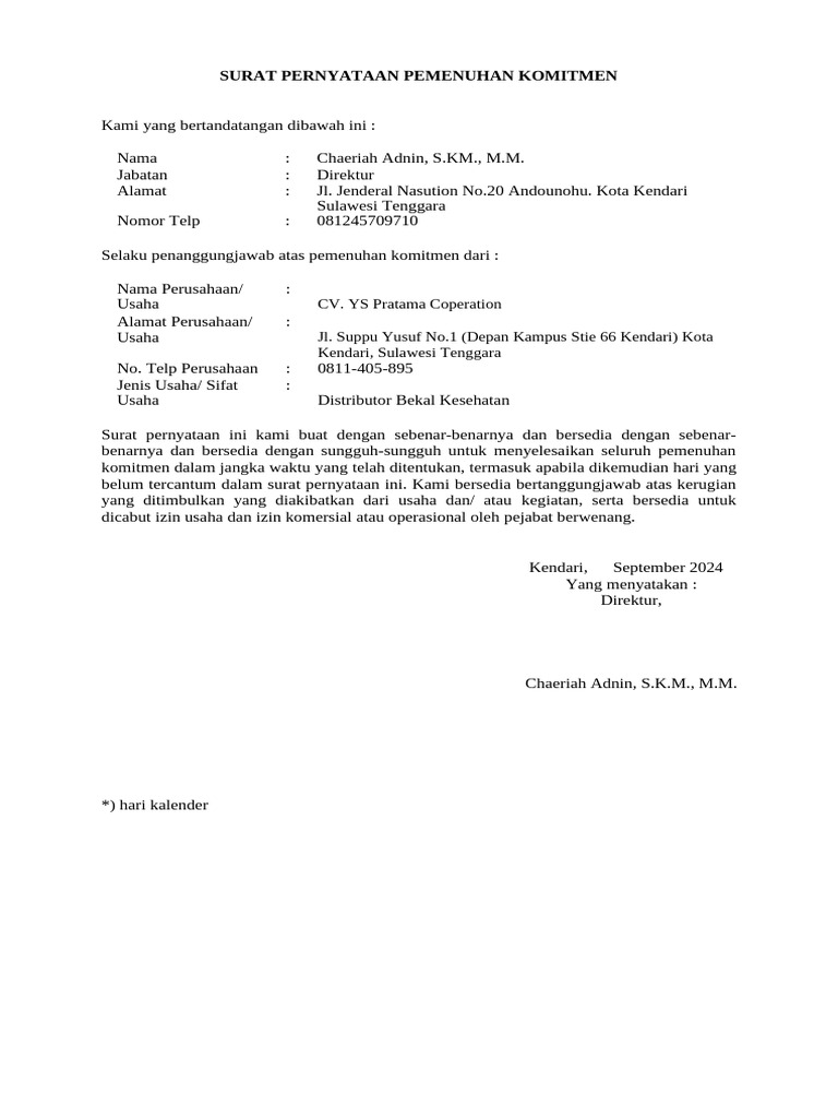 Surat Pernyataan Pemenuhan Komitmen Oss | PDF | Teknologi & Rekayasa