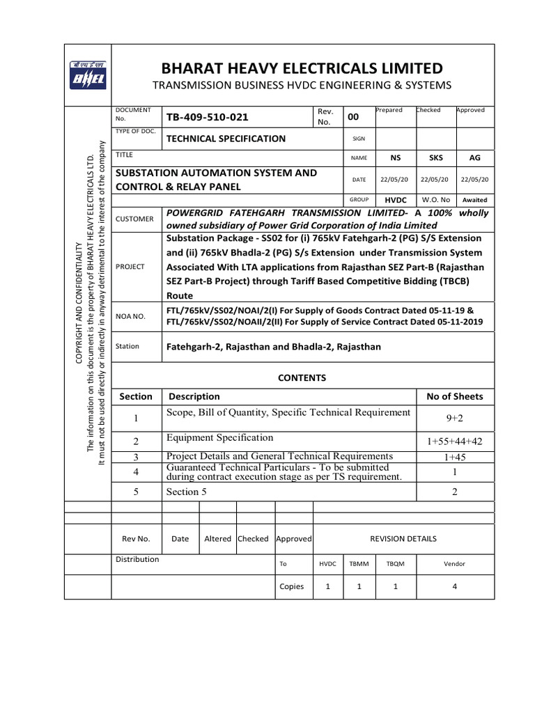 Technial Specifications Sas Powergrid Fatehgarh Bhadhla 2 1591354543 | PDF | Electricity ...