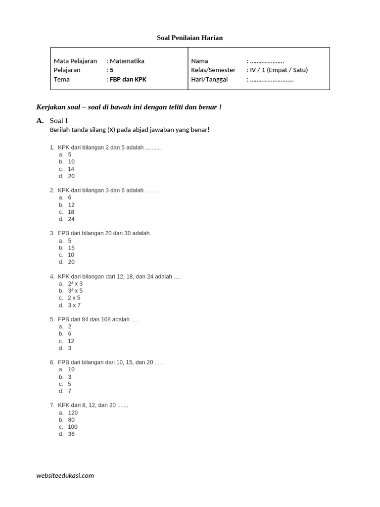 Soal PH MTK Kelas 4 KPK & FPB | PDF | Game & Aktivitas | Metode & Bahan ...