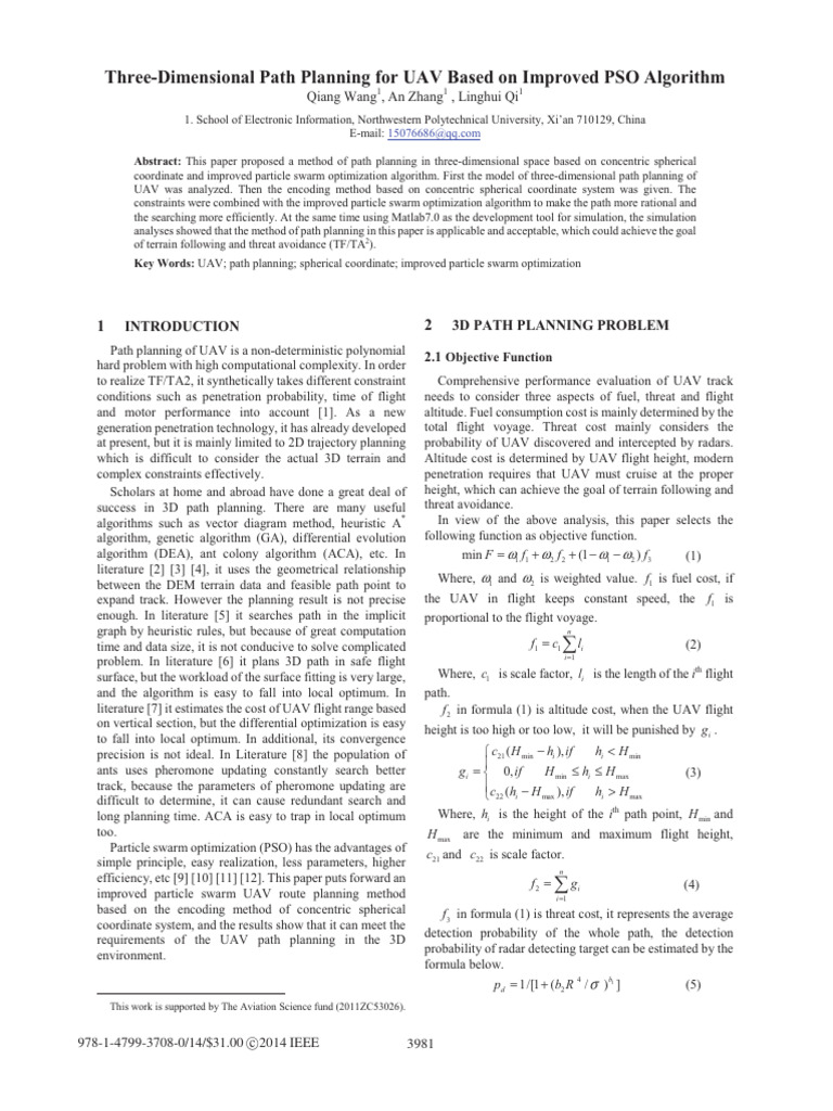 Three Dimensional Path Planning For Uav Based On Improved Pso Algorithm