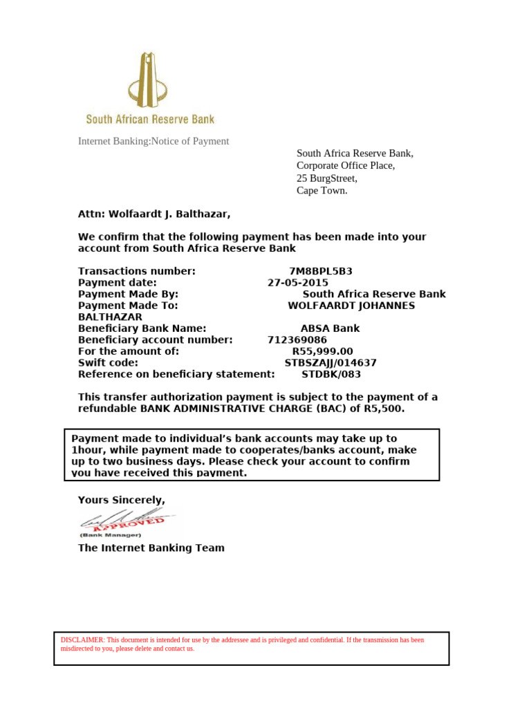 RESERVE BANK TRANSFER NOTIFICATION | PDF