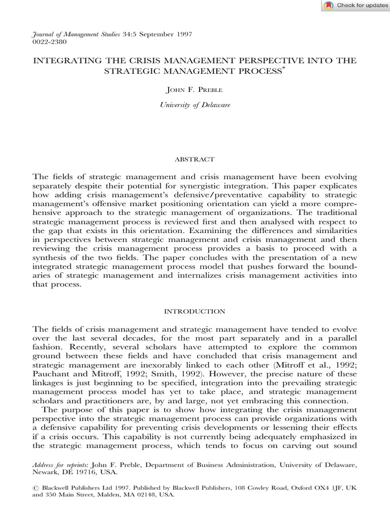Integrating The Crisis Management Perspective Into The Strategic ...