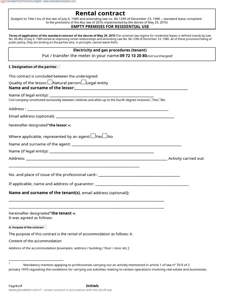 Modele Bail Type Location Vide Loi ALUR - Doc.fr - en | PDF | Lease ...