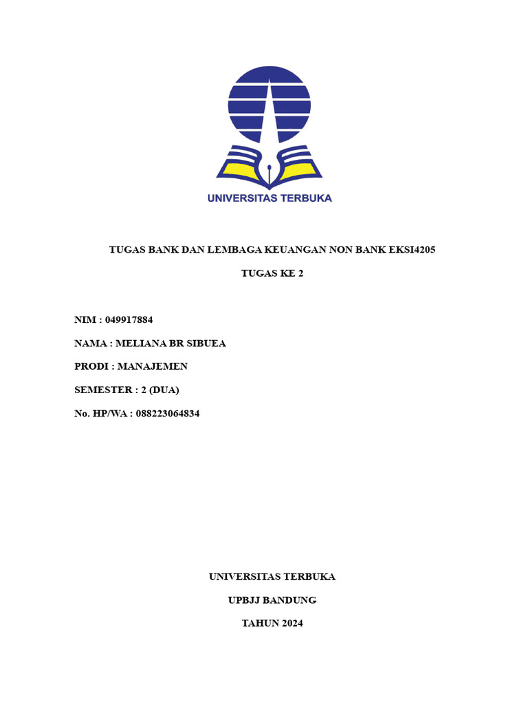 Tugas 2 Bank Dan Lembaga Keuangan Non Bank Eksi4205 | PDF