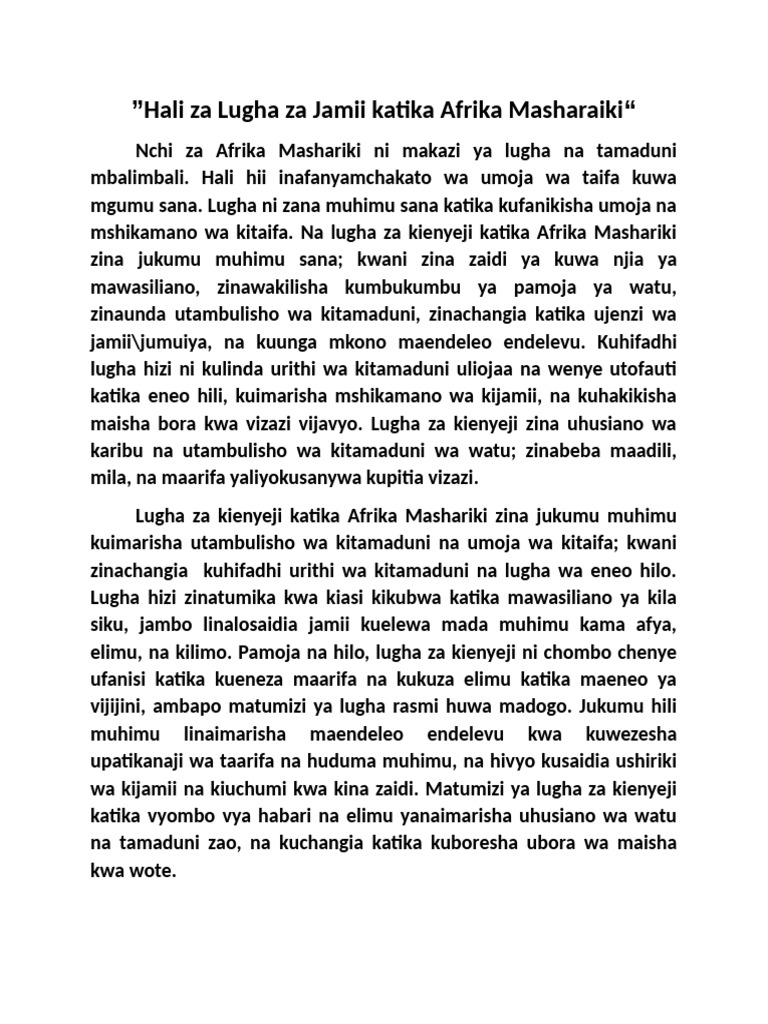 Hali Za Lugha Za Jamii Katika Afrika Mashariki | PDF