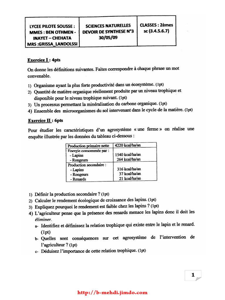 Devoir de Synthèse N°3 (Lycée Pilote Sousse) - SVT - 2ème Sciences (2008-2009) | PDF