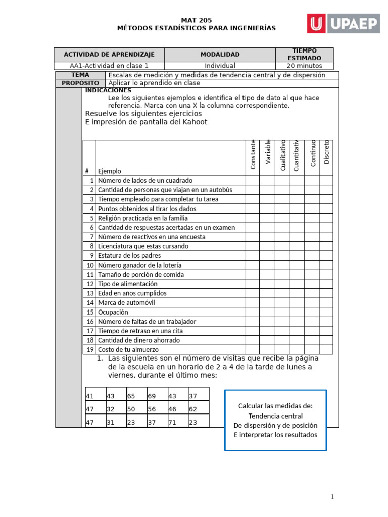 Actividad en Clase1 Escalas de Medición, Centrales y Dispersión | PDF ...