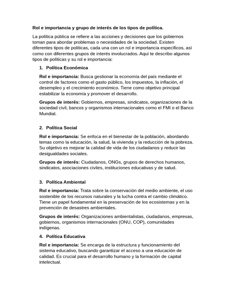 Rol e Importancia y Grupo de Interés de Los Tipos de Política | PDF ...