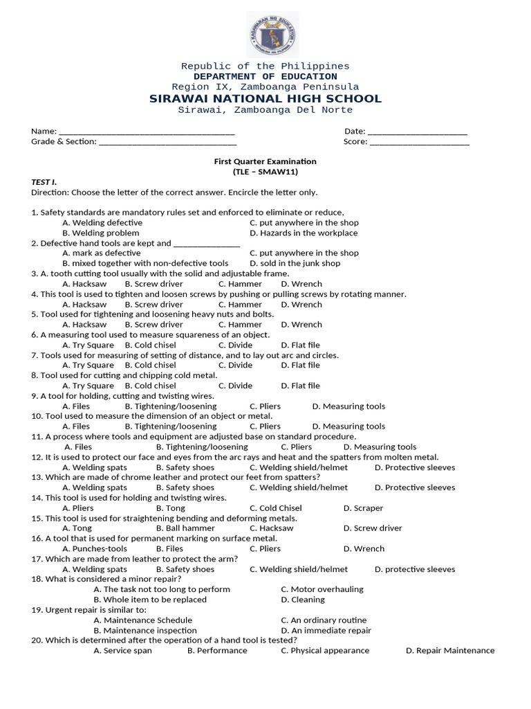 1st Quarter Exam Smaw 9 2023-2024 | PDF | Screw | Tools