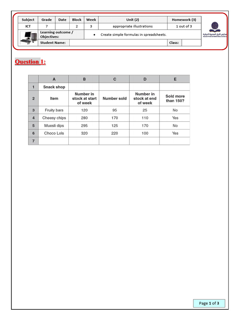 ICT-G7-B2-L4 ((Spreadsheets - Formulas and Functions) ) HW 4 (1) | PDF | Spreadsheet | Mathematics