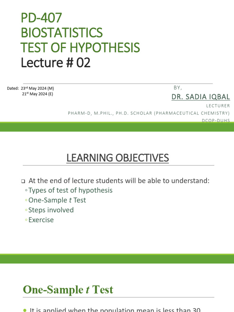 Lecture 02, t test | PDF | Student's T Test | Statistics