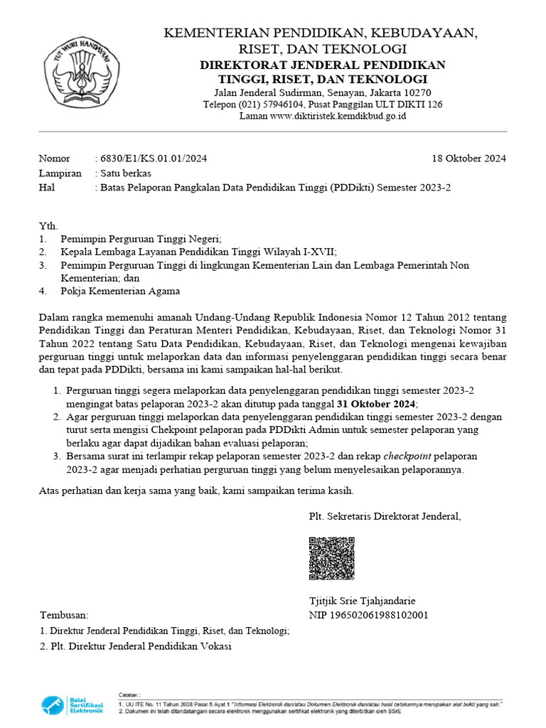 Surat Setditjen Diktiristek Batas Pelaporan PDDikti 2023-2 | PDF