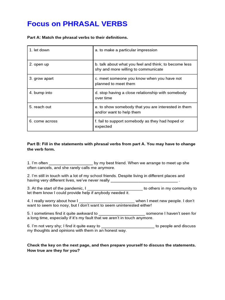 Phrasal Verbs Matching Exercise | PDF | Wellness