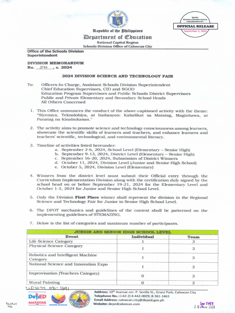 DM No. 593 S. 2024 2024 Division Science and Technology Fair | PDF