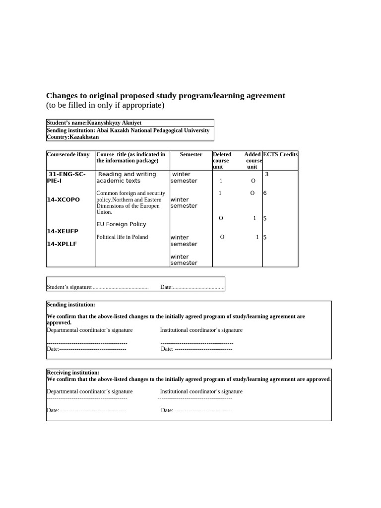 Learning Agreement k.A | PDF