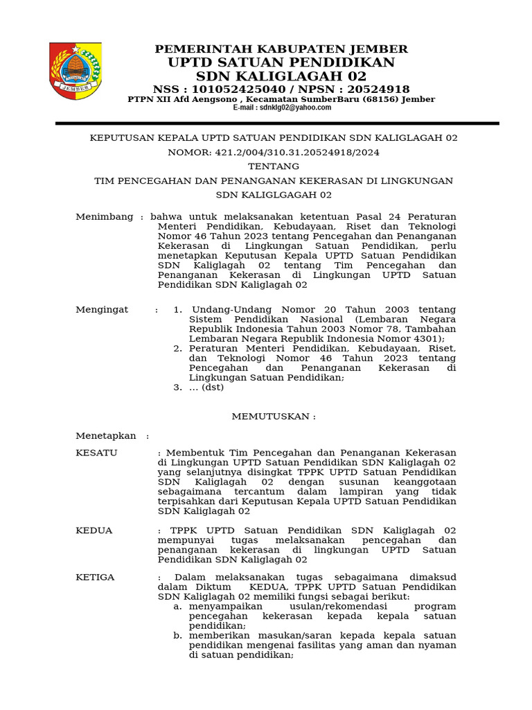 Lampiran 2 - Contoh SK Kepala Satuan Pendidikan Pembentukan TPPK | PDF