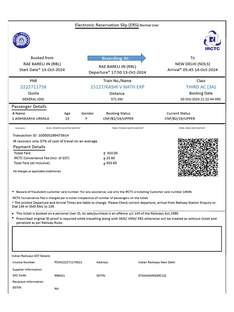 RBL To NDLS | PDF | Identity Document