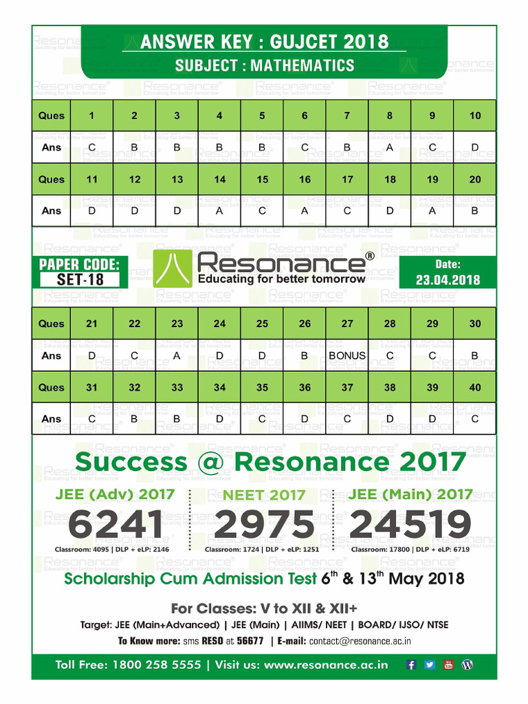 Maths Answer Sheet Resonance Better Way of Learning | PDF