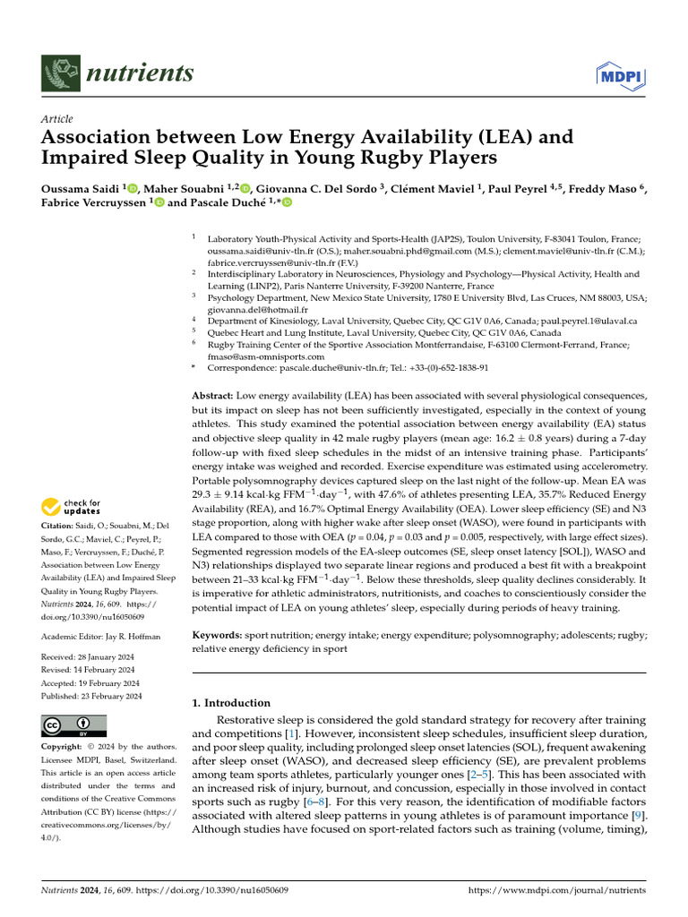 Association Between Low Energy Availability (LEA) and Impaired Sleep Quality in Young Rugby ...